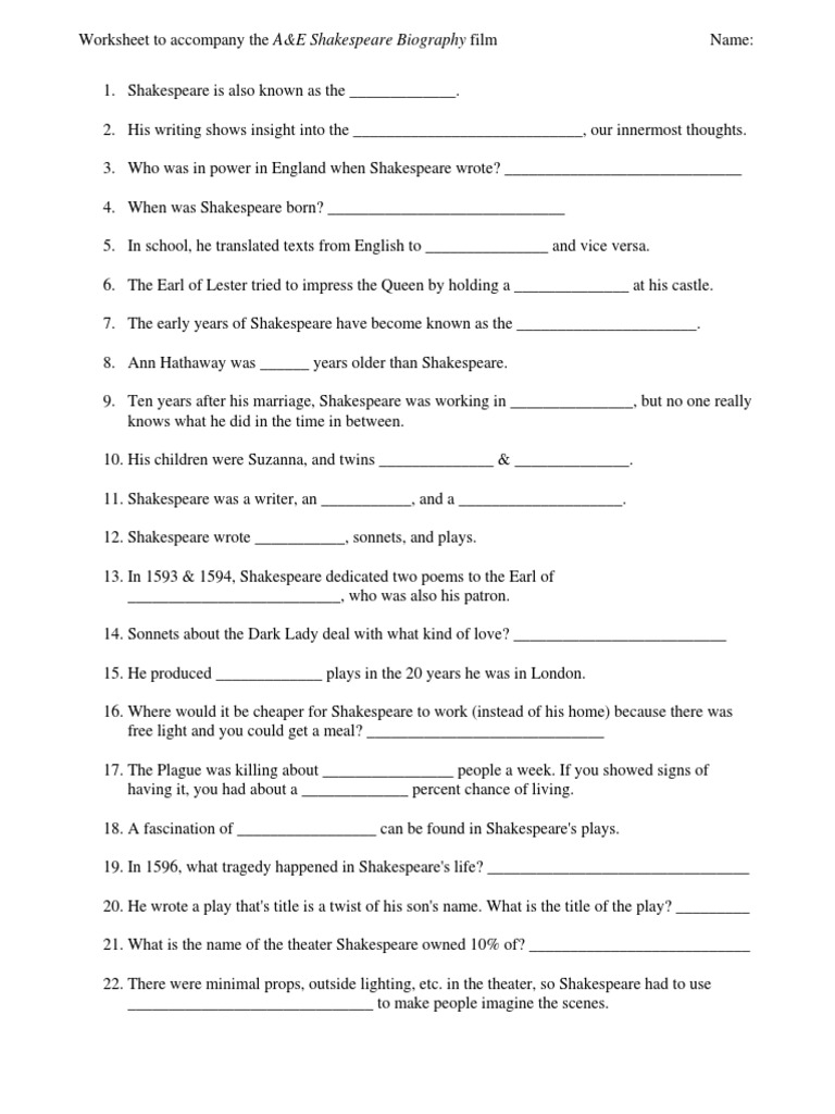 Worksheet e Bio Shakespeare | PDF | Shakespeare's Sonnets | William ...