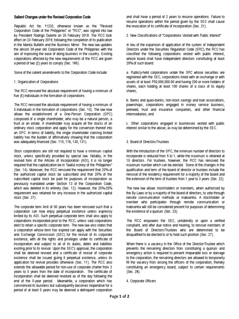 Salient Changes Under The Revised Corporation Code | PDF | Board Of ...