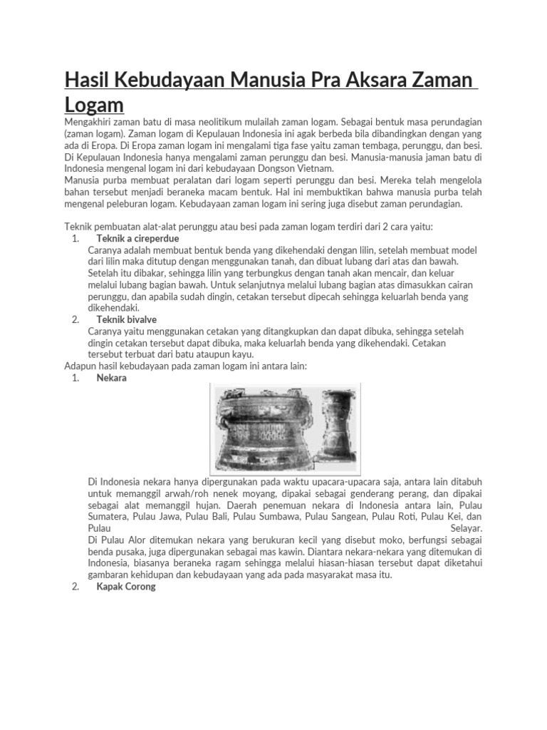 Hasil Kebudayaan Manusia Pra Aksara Zaman Logam | PDF