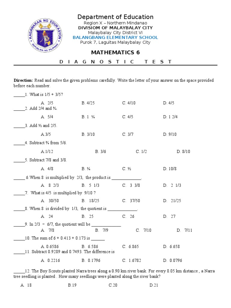 MATHEMATICS 6 Diagnostic Test | PDF | Triangle | Volume