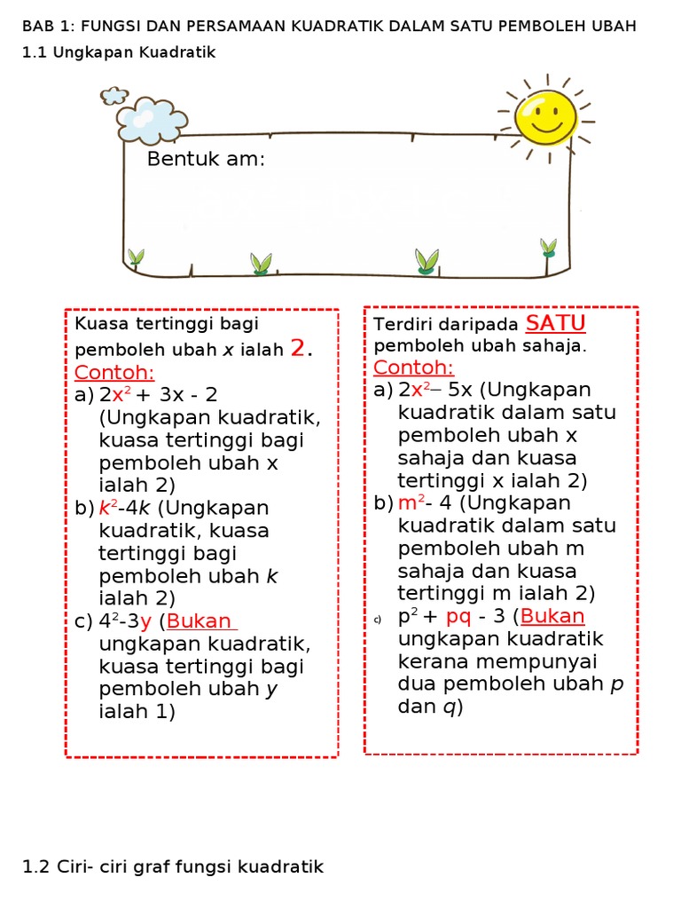 Bab 1 Fungsi Kuadratik (Nota) | PDF