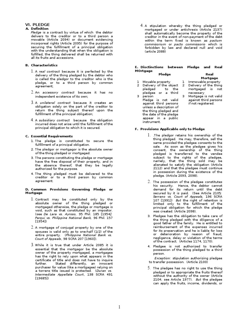 Vi. Pledge: A. Definition | PDF | Mortgage Law | Foreclosure