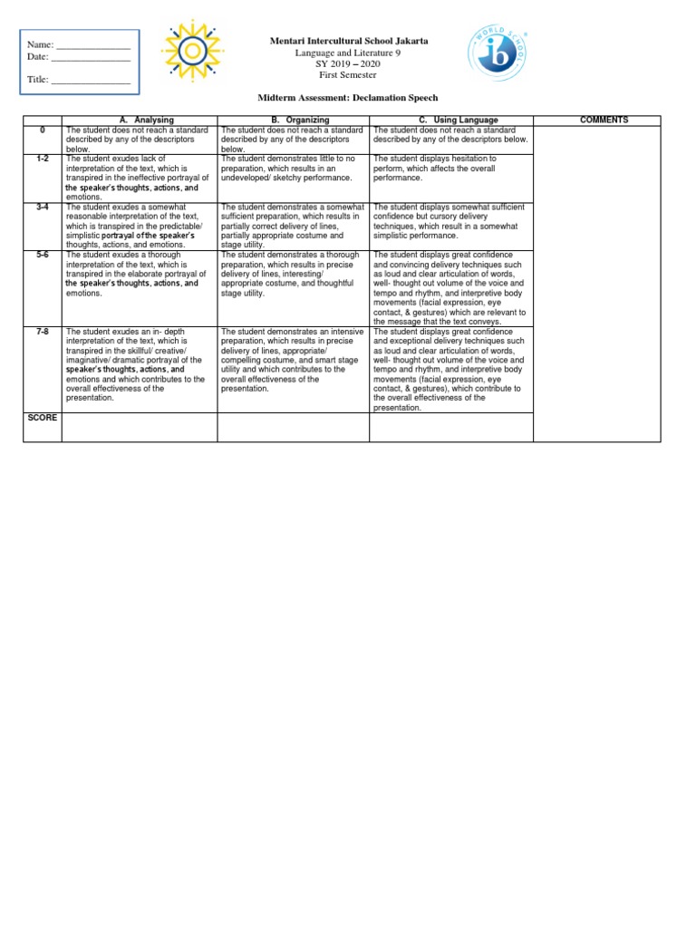 Declamation Speech Assessment Criteria PDF | PDF | Speech | Gesture