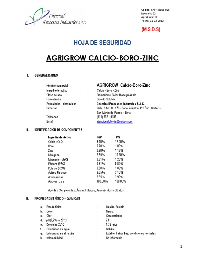 Agrigrow Ca B ZN - Hoja de Seguridad | PDF | Toxicidad | Toxicología