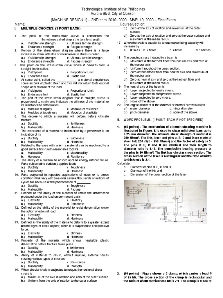 200319-Final Exam - Machine Design | PDF | Ductility | Deformation ...
