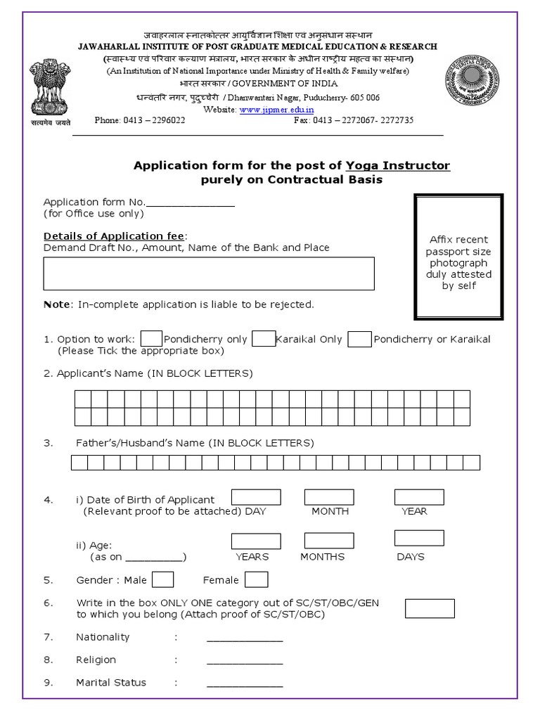 Yoga Instructor Application Form | PDF | Identity Document