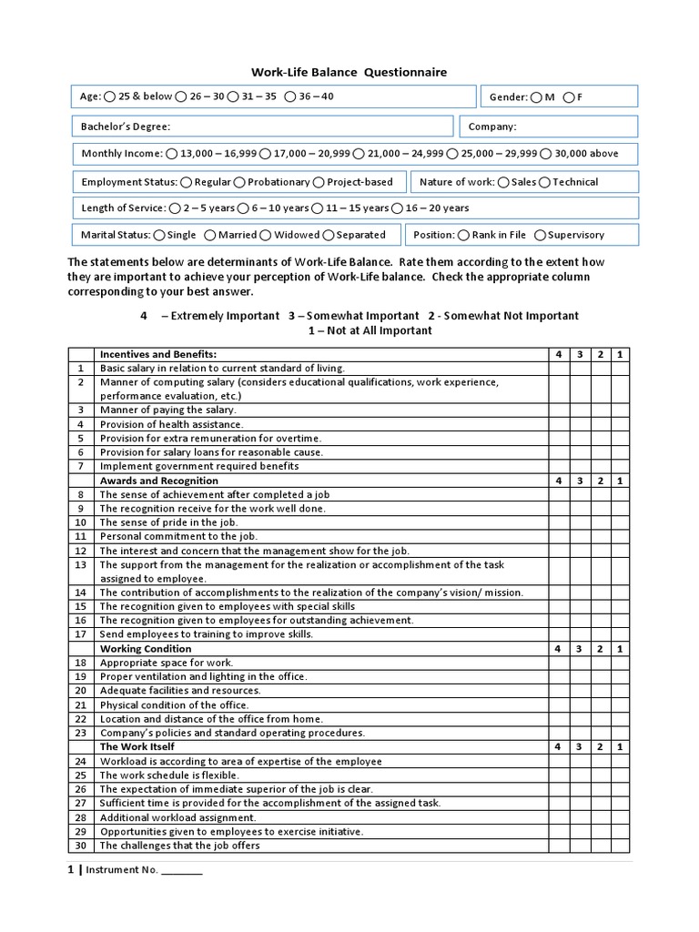 Work-Life Balance Questionnaire Tool | PDF | Work–Life Balance | Employment