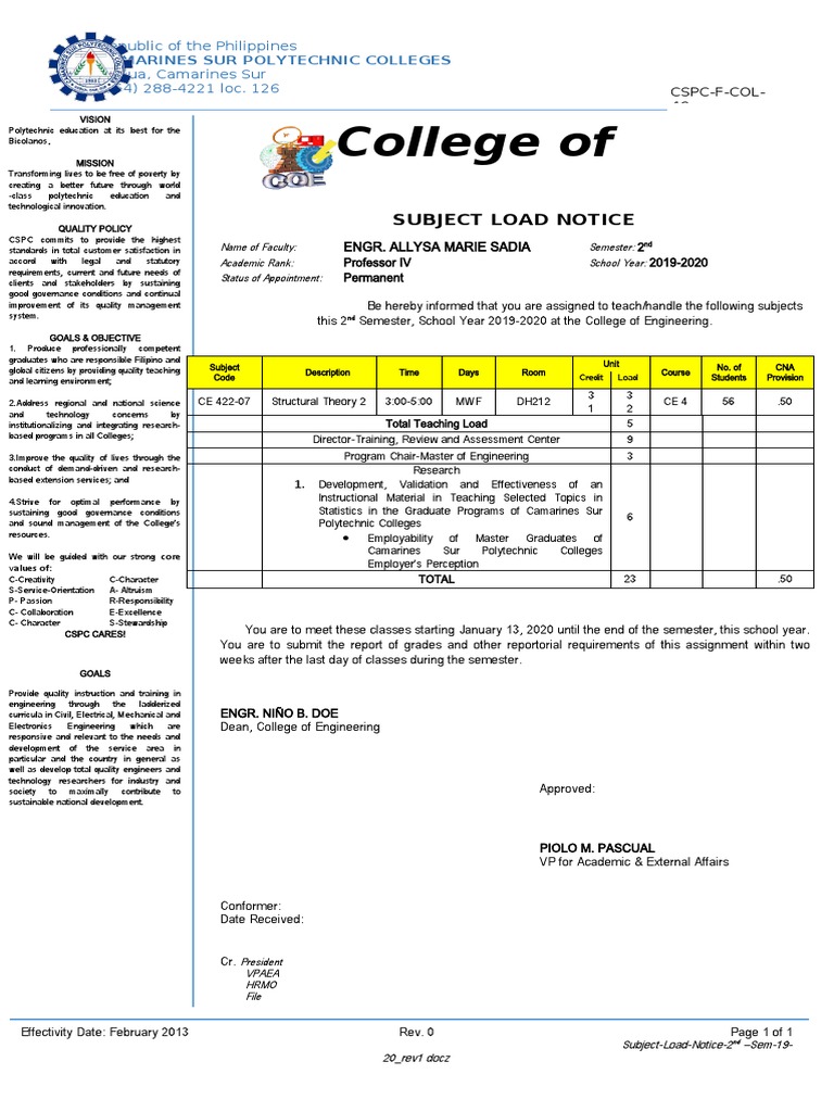 Subject Load Notice | PDF | Governance | Engineering