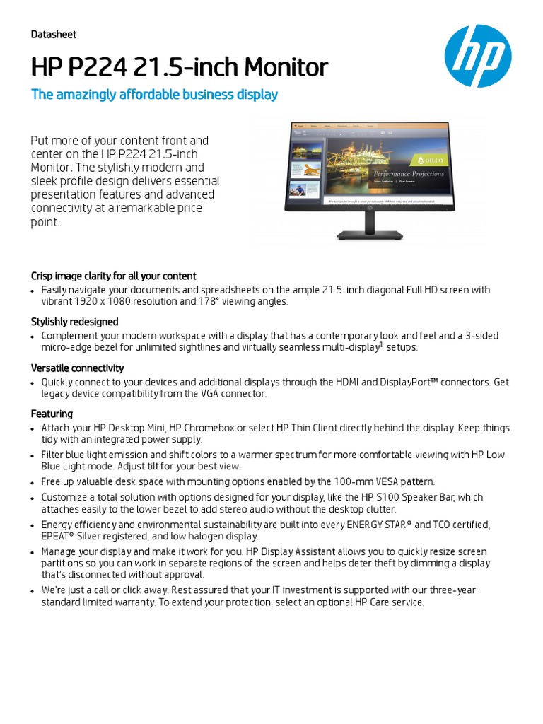 HP P224 21.5-Inch Monitor | PDF | Computer Monitor | Personal Computers