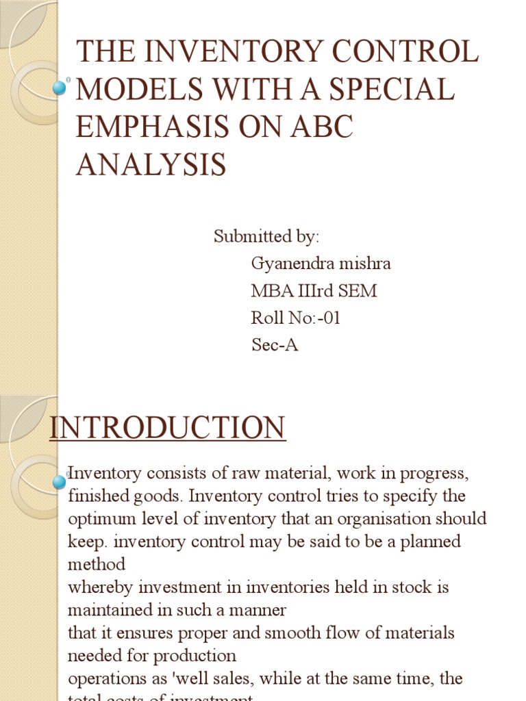 The Inventory Control Models With A Special Emphasis On Abc Analysis ...
