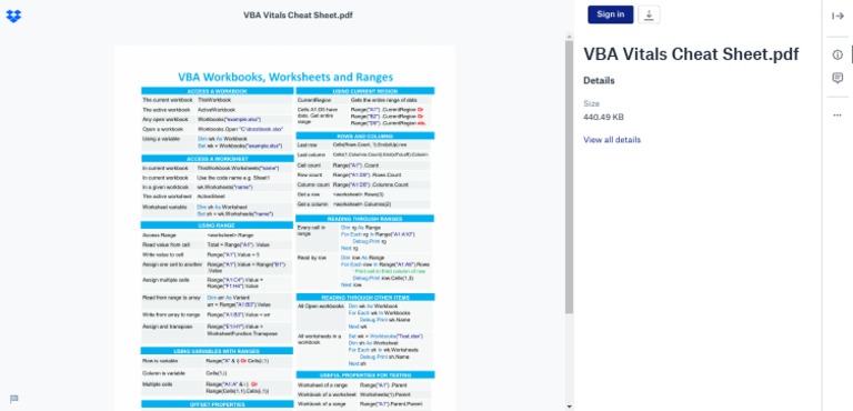 VBA Vitals Cheat Sheet PDF | PDF