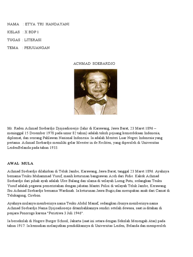 Biografi Achmad Soebardjo, Pahlawan Nasional | PDF