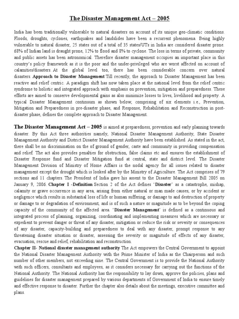 Disaster Management Act 2005 | PDF | Emergency Management | Natural ...