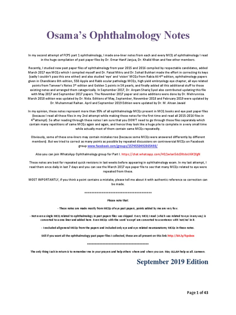 Osama's Ophthalmology Notes September 2019 EDITION | PDF | Retina | Cornea