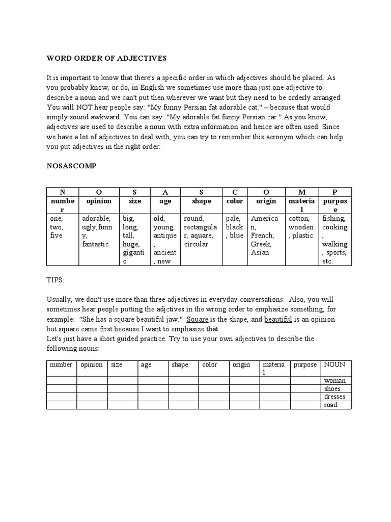 Adjective Order Guide | PDF | Adjective | Language Mechanics