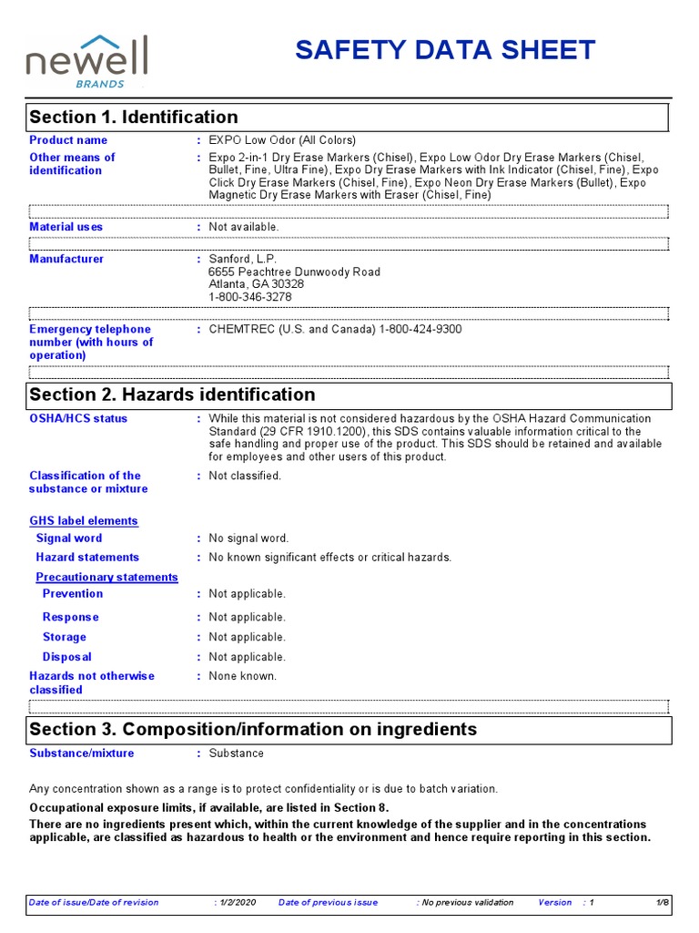 Expo Markers Sds | Download Free PDF | Dangerous Goods | Toxicity