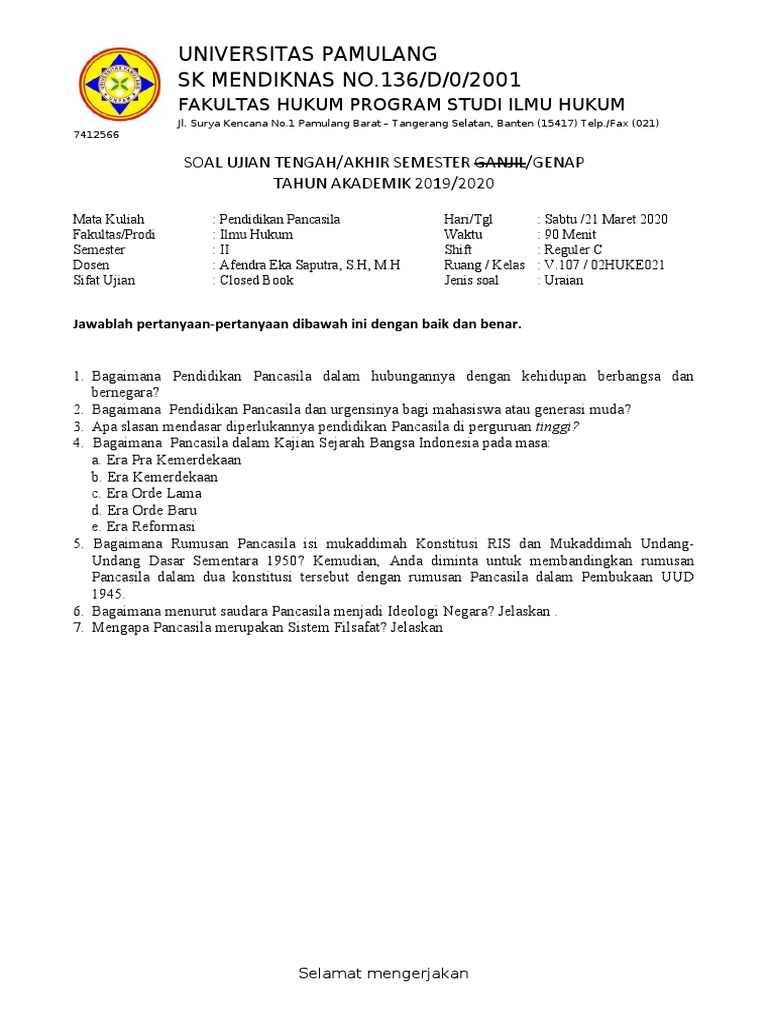 UTS Pancasila UNPAM 2019 (KELAS C) | PDF