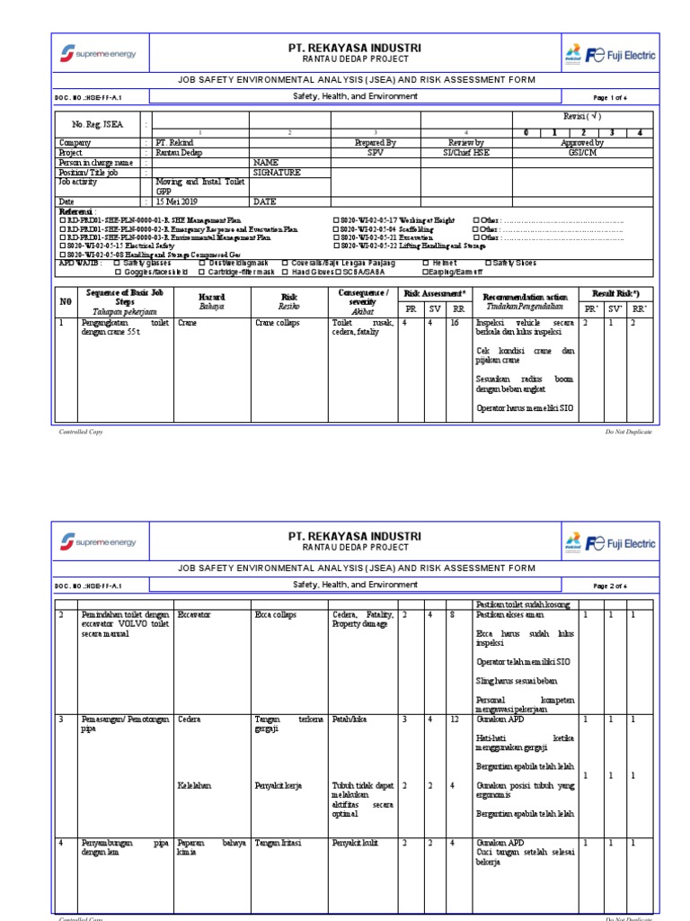Form JSA Moving and Instal Toilet GPP | PDF | Change Management | Risk