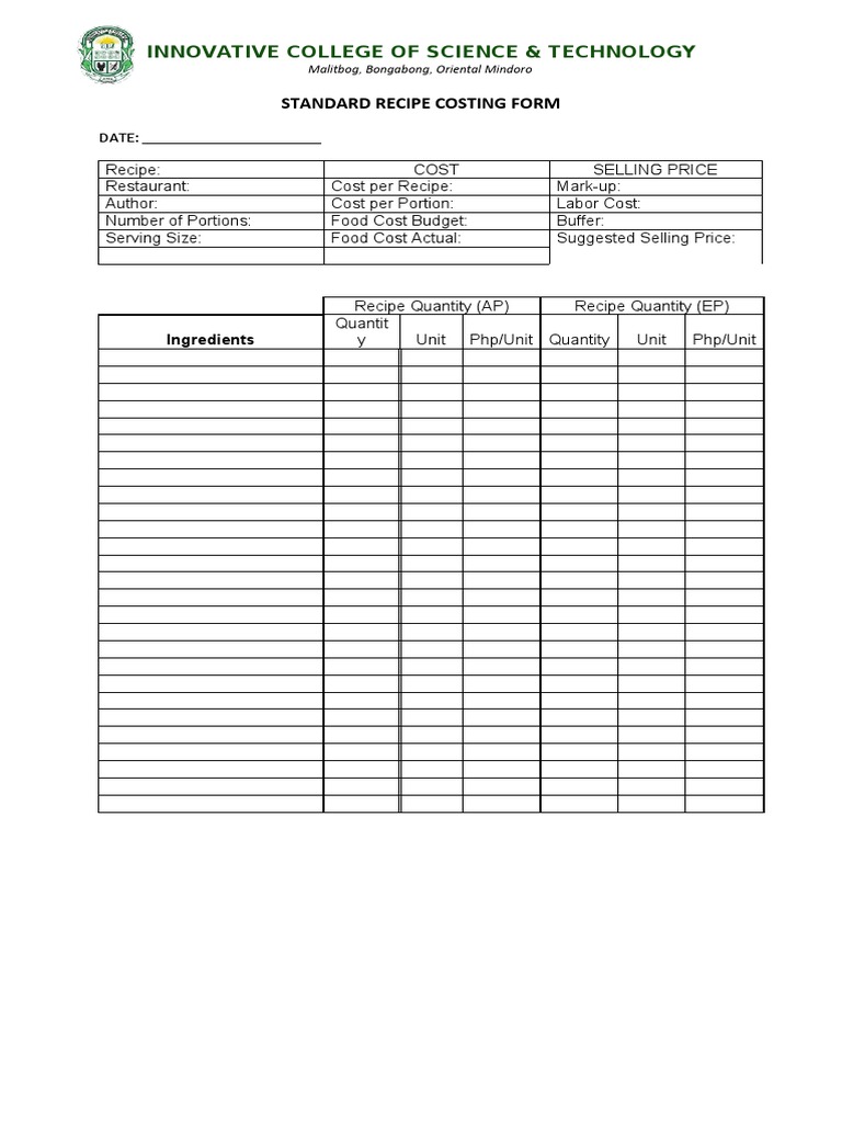 Standard Recipe Costing Template | PDF