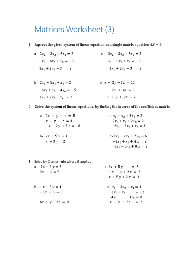 Matrices - Worksheet 3 | PDF | Equations | Mathematical Relations