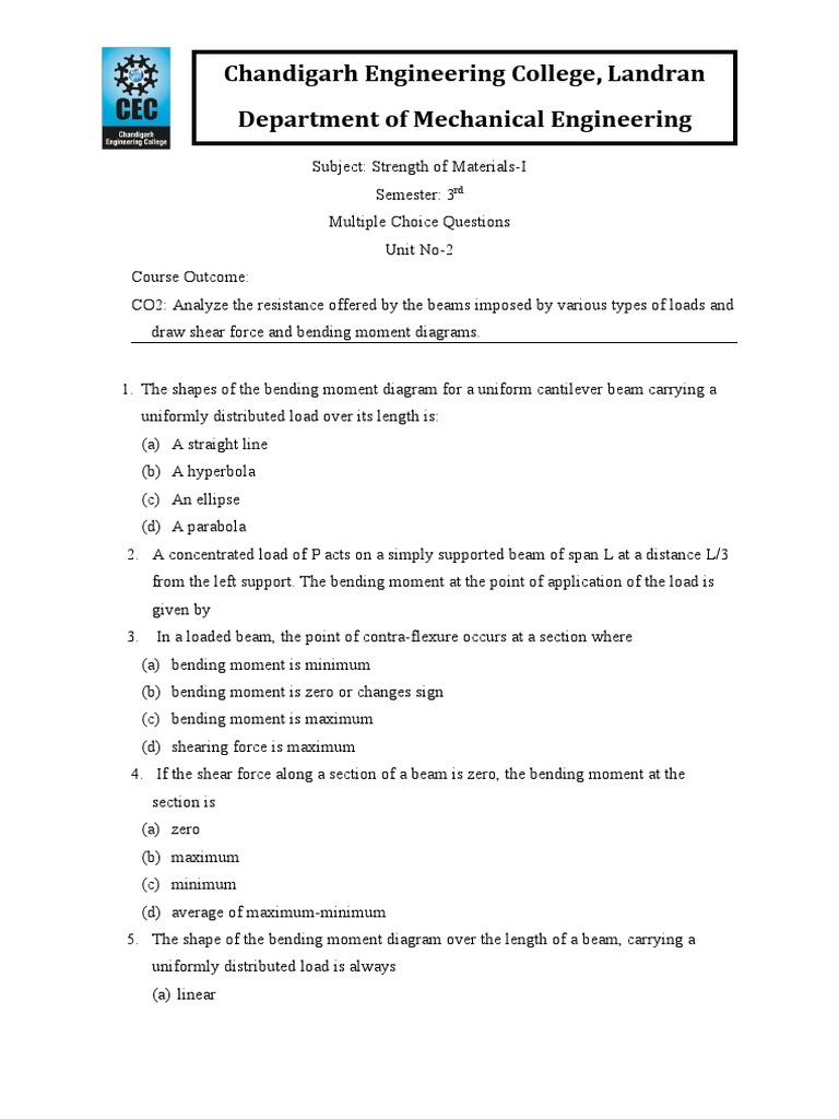 Shear Forces and Bending Moment MCQs | PDF | Bending | Beam (Structure)