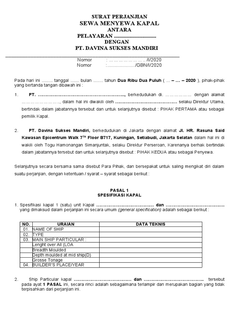 Surat Perjanjian Sewa Menyewa Kapal (Draft Bahasa) | PDF | Bisnis