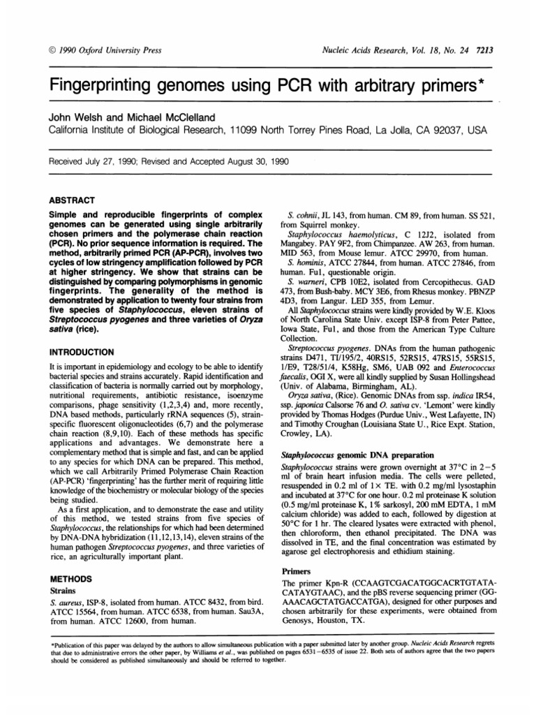 Fingerprinting Genomes Using PCR With Arbitrary Primers | PDF ...