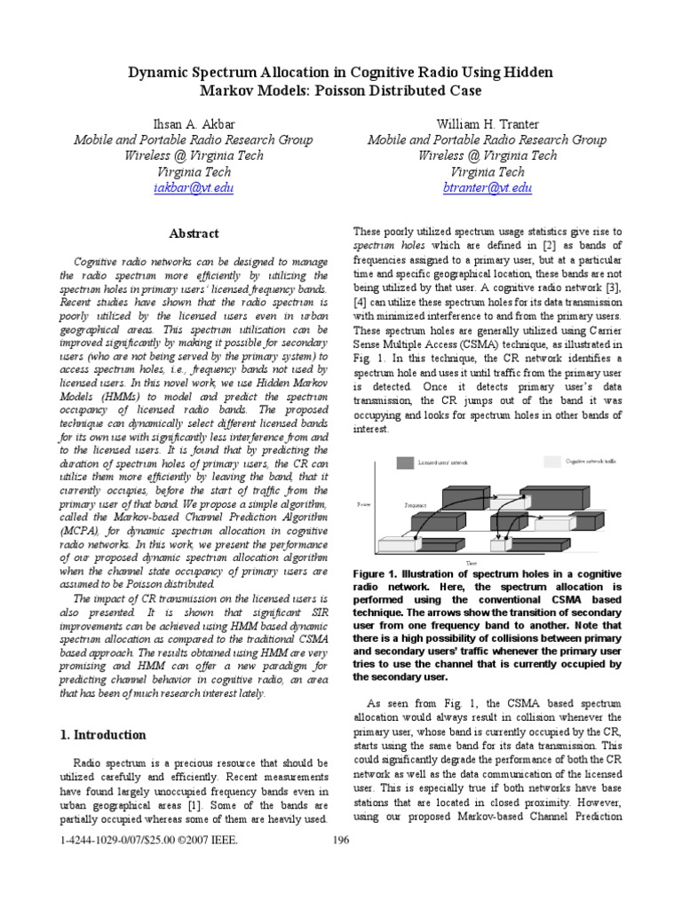 Dynamic Spectrum Allocation in Cognitive Radio Using HMM (2007) (Spectrum Sensing) | PDF ...