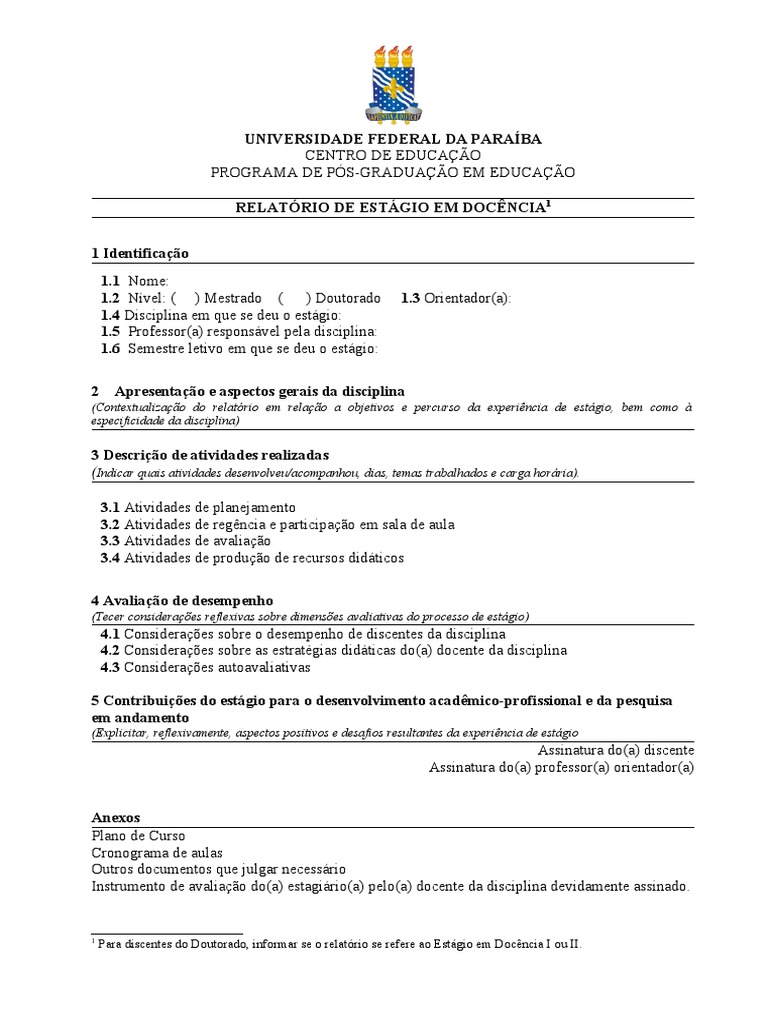 Modelo de Relatório de Estágio Docência | PDF