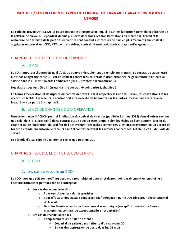 Partie 2 Les Differents Types de Contrat de Travail Caracteristiques Et ...