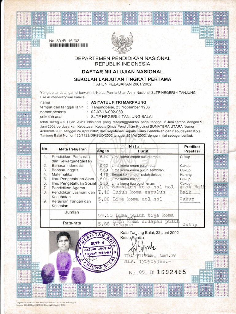 Ijazah Nilai SMP | PDF