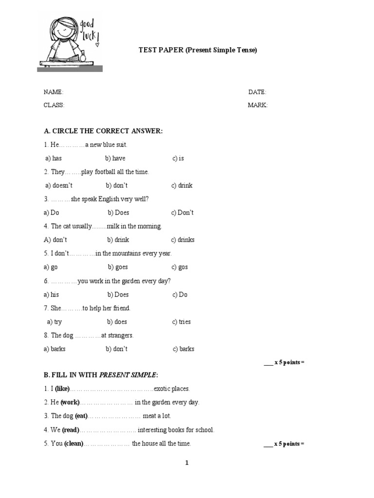 Grade 5 Simple Present Test Paper | PDF