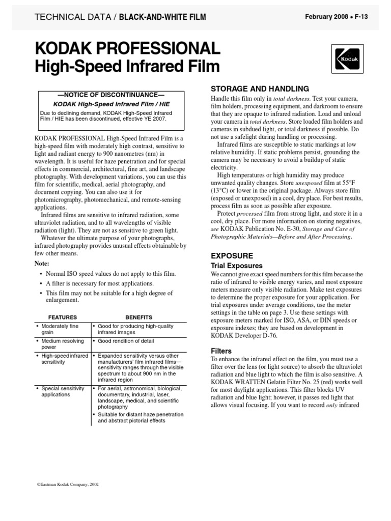 Kodak Professional High-Speed Infrared Film: Technical Data / Black-And ...