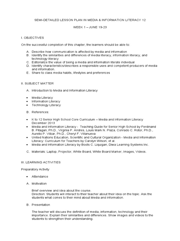 Semi Detailed Lesson Plan MIL Week 1 | PDF | Information Literacy ...