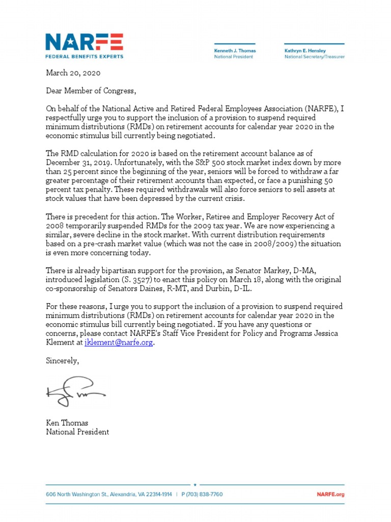 NARFE Letter RMD Coronavirus Suspension