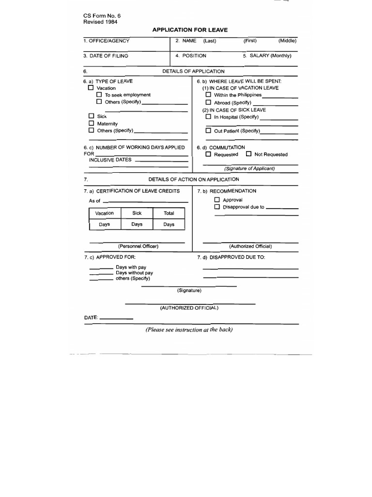 CS Form No. 6 Revised 1984 - Application For Leave Form PDF | PDF ...
