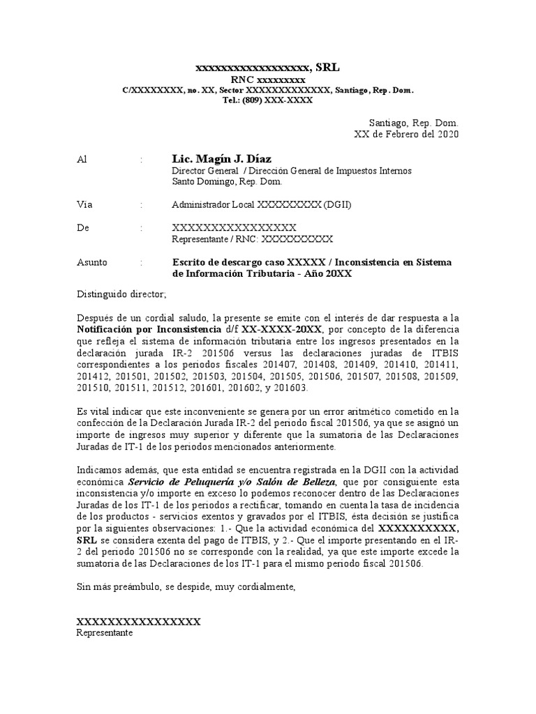 MODELO Carta - Escrito de Descargo | PDF | Economias | Gobierno