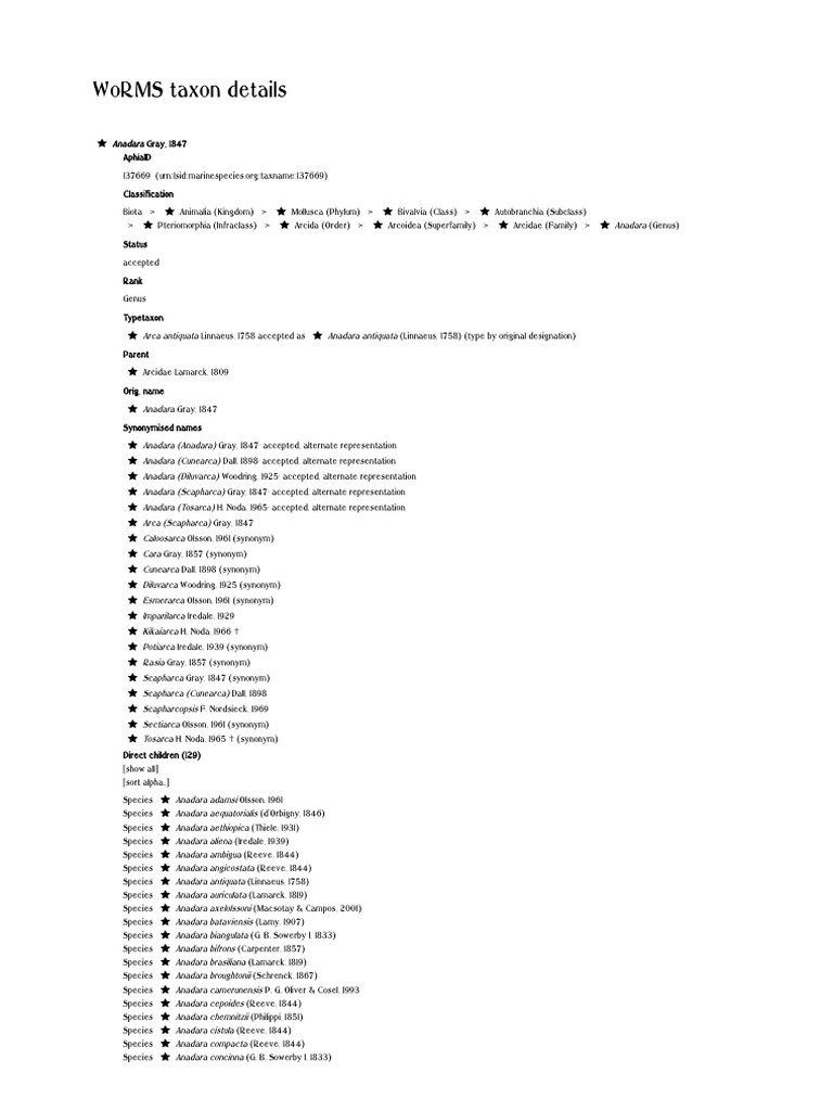 WoRMS - World Register of Marine Species - Anadara Gray, 1847 | PDF ...