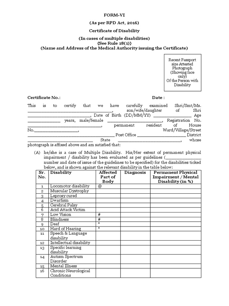 Disability Certificate Form VI | PDF | Visual Impairment | Disability