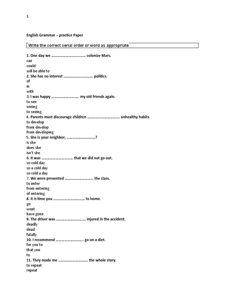 Practice Paper - English Grammar | PDF