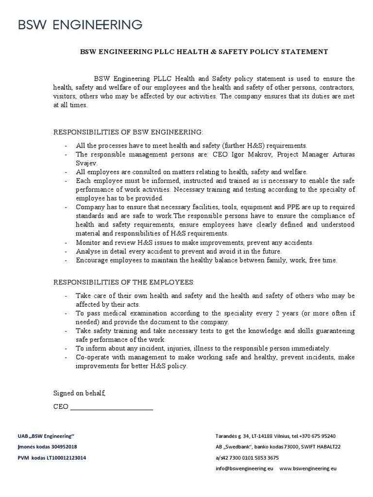 Company Health and Safety Policy | PDF | Occupational Safety And Health ...