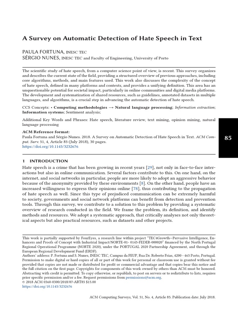 A Survey On Automatic Detection of Hate Speech in Text | PDF | Hate ...