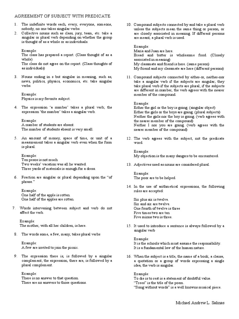 Agreement of Subject With Predicate | PDF | Grammatical Number | Verb