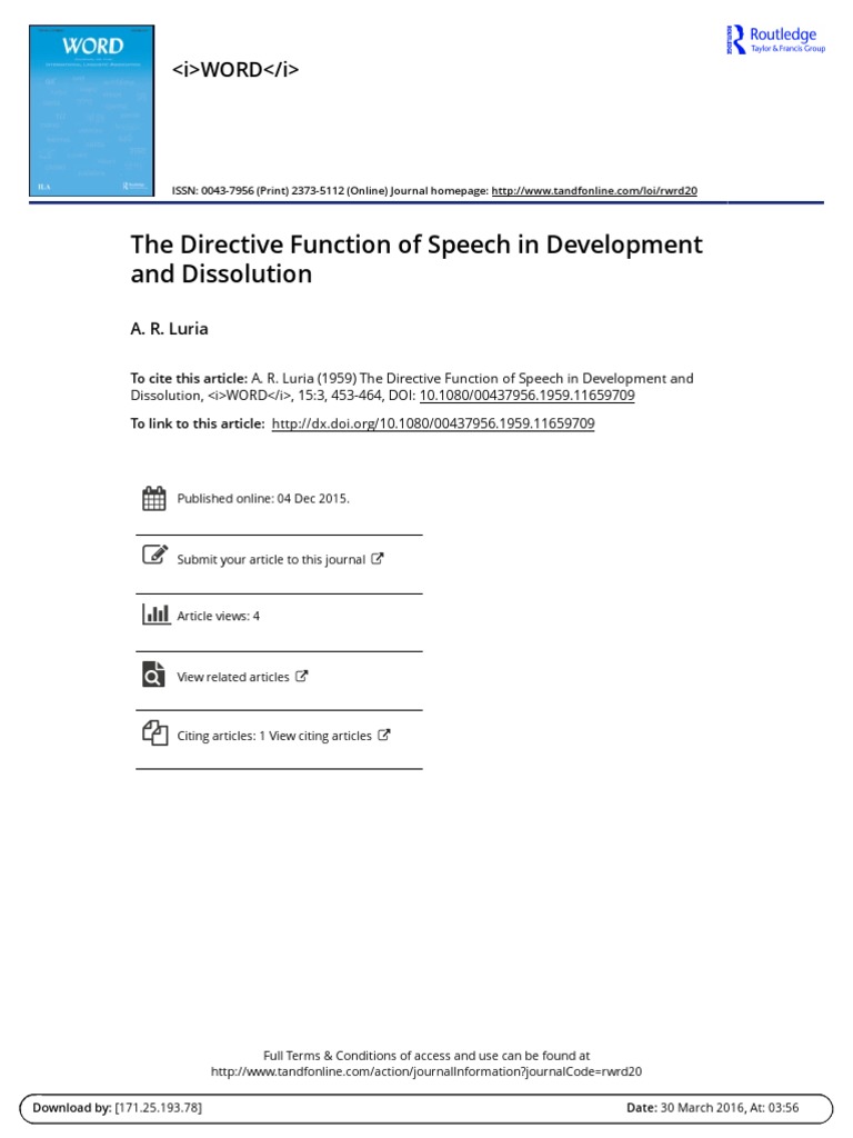The Directive Function of Speech in Development and Dissolution - A. R ...