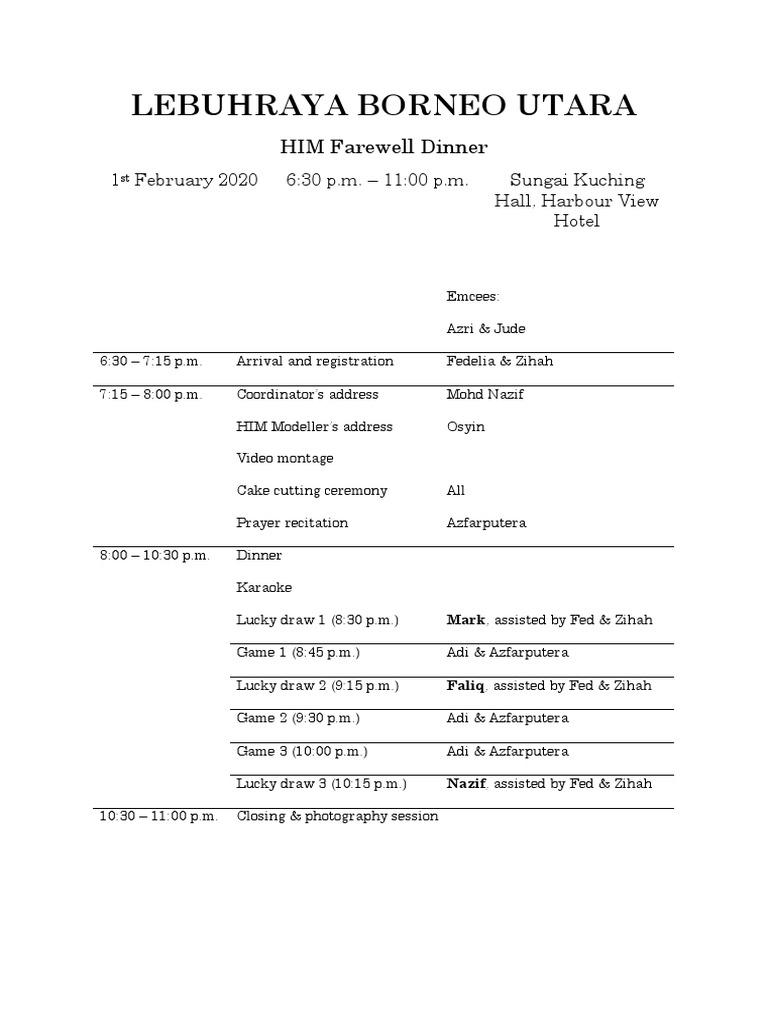 HIM Farewell Dinner Tentative PDF | PDF