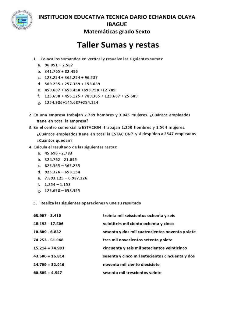 Taller de Sumas y Restas 6to Grado | PDF