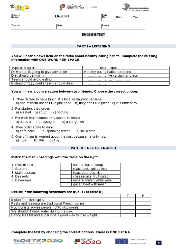 8th Grade Healthy Eating Test Version B Tests - 115000 | PDF ...