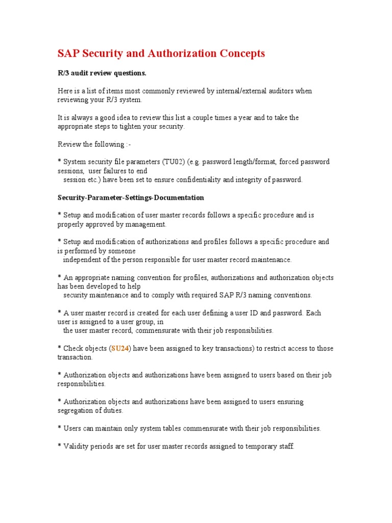 SAP Security and Authorization Concepts: R/3 Audit Review Questions | PDF | Audit | Database ...