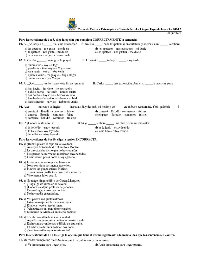 Teste de Nivel Espanhol 2 PDF | PDF | Cocinando | Comida y bebida