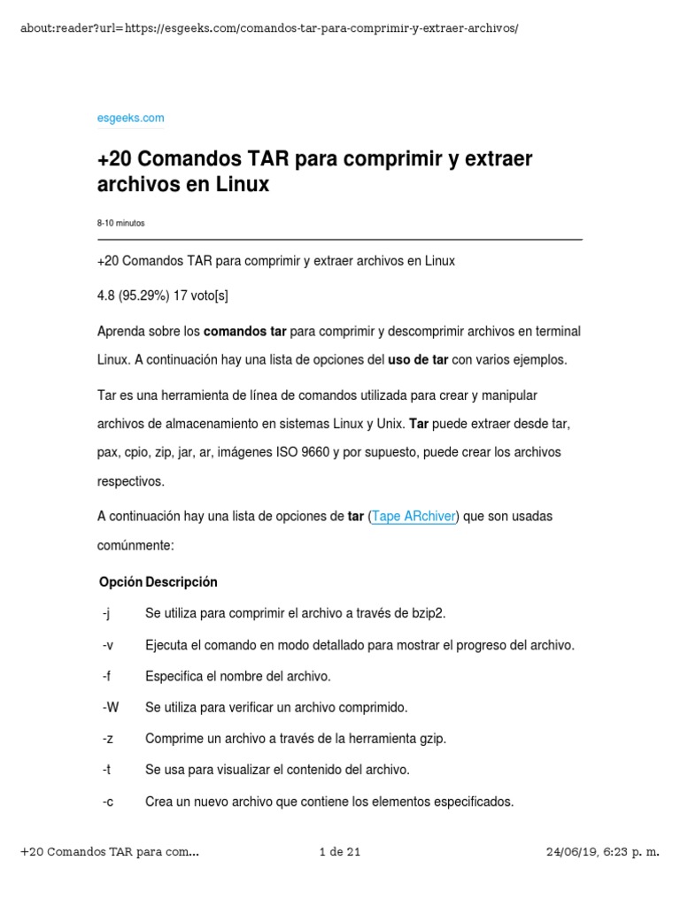 20 Comandos TAR para Comprimir y Extraer Archivos en Linux | PDF | Archivo de computadora | Datos